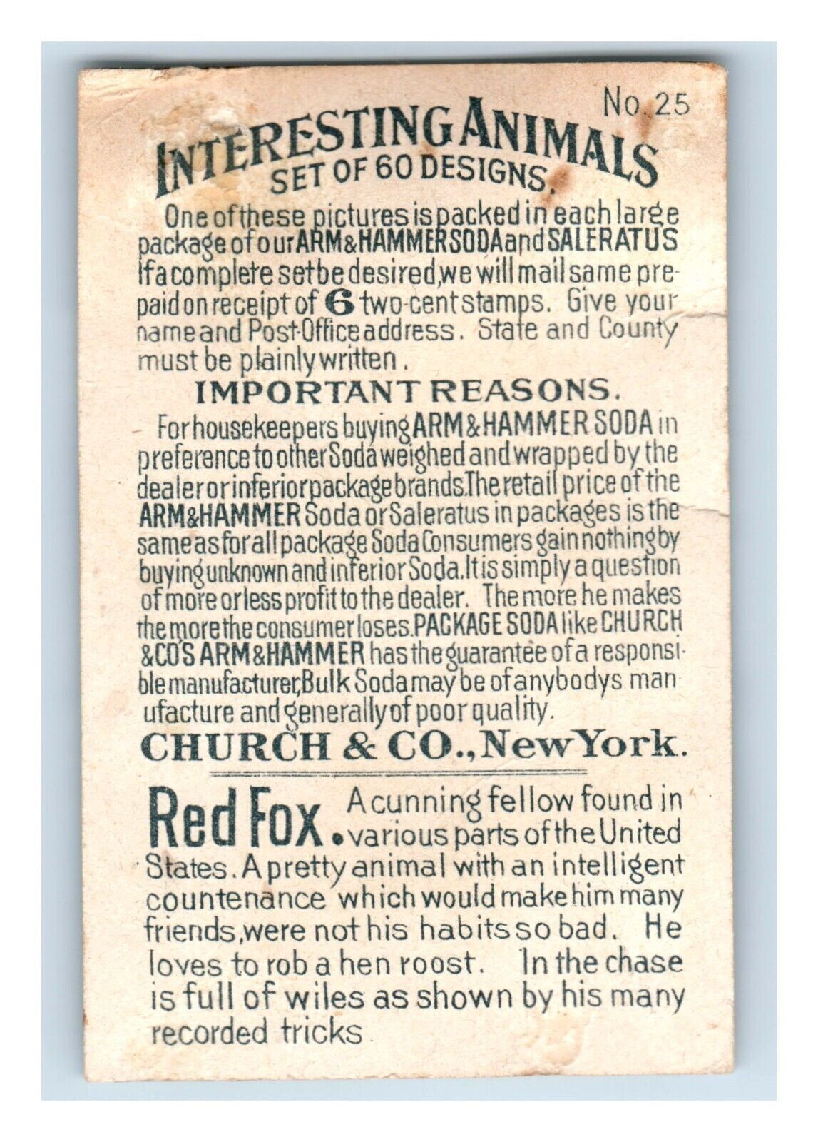 1880s Arm & Hammer Interesting Animals Series N0.25 Red Fox P84 ...