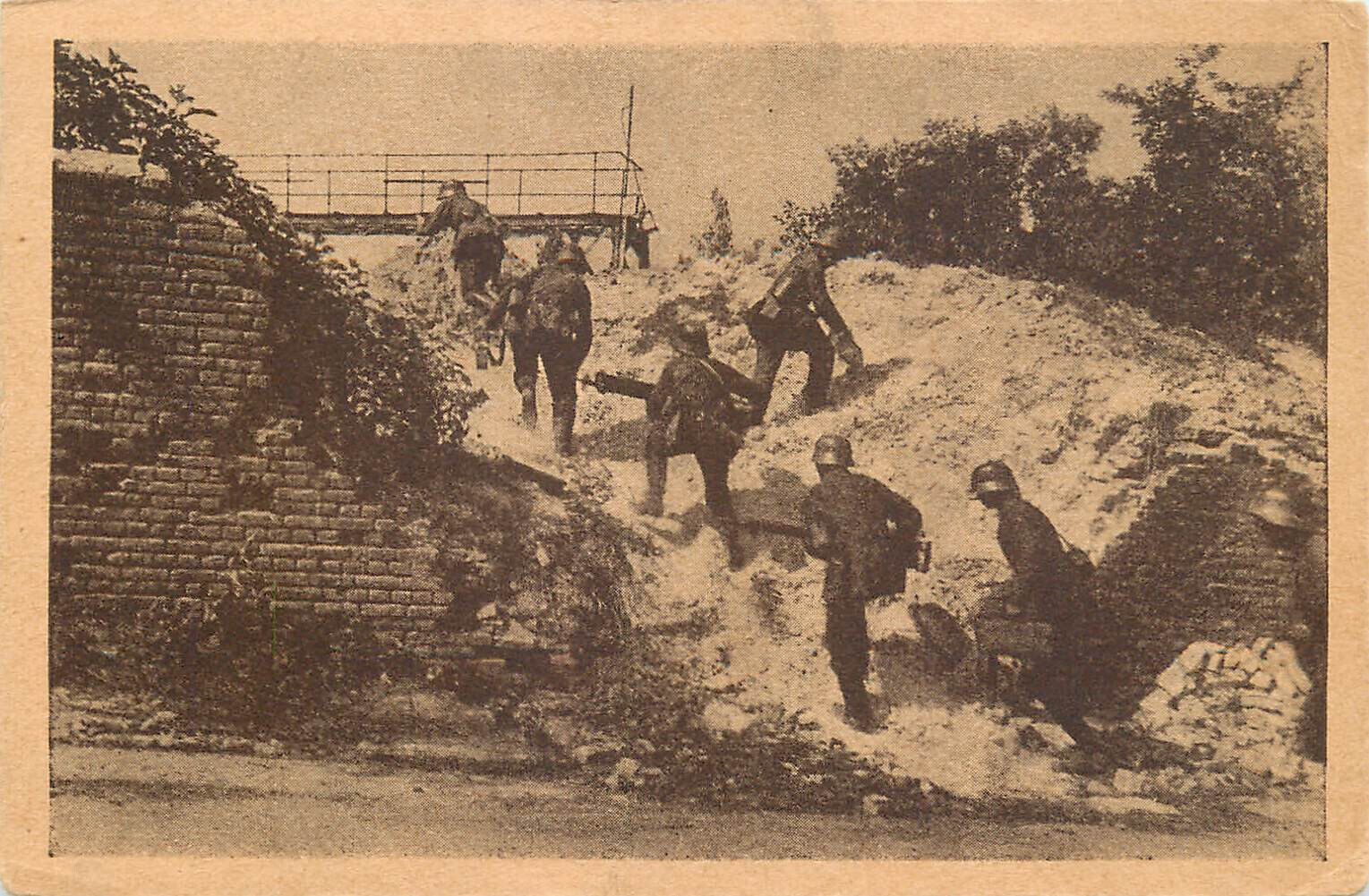 Inter-war German army machine guns are positioned in a bombed house ...