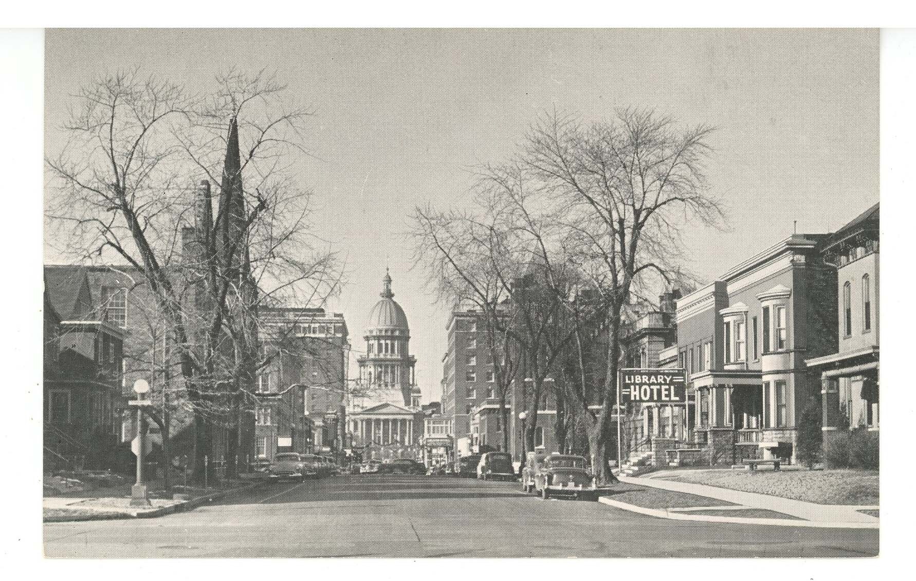 IL - Springfield. East Capitol Avenue Street Scene, Library Hotel ca ...