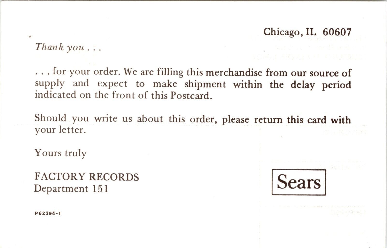 Sears Roebuck Catalog Order Receipt 1980 Chicago Illinois POSTCARD ...