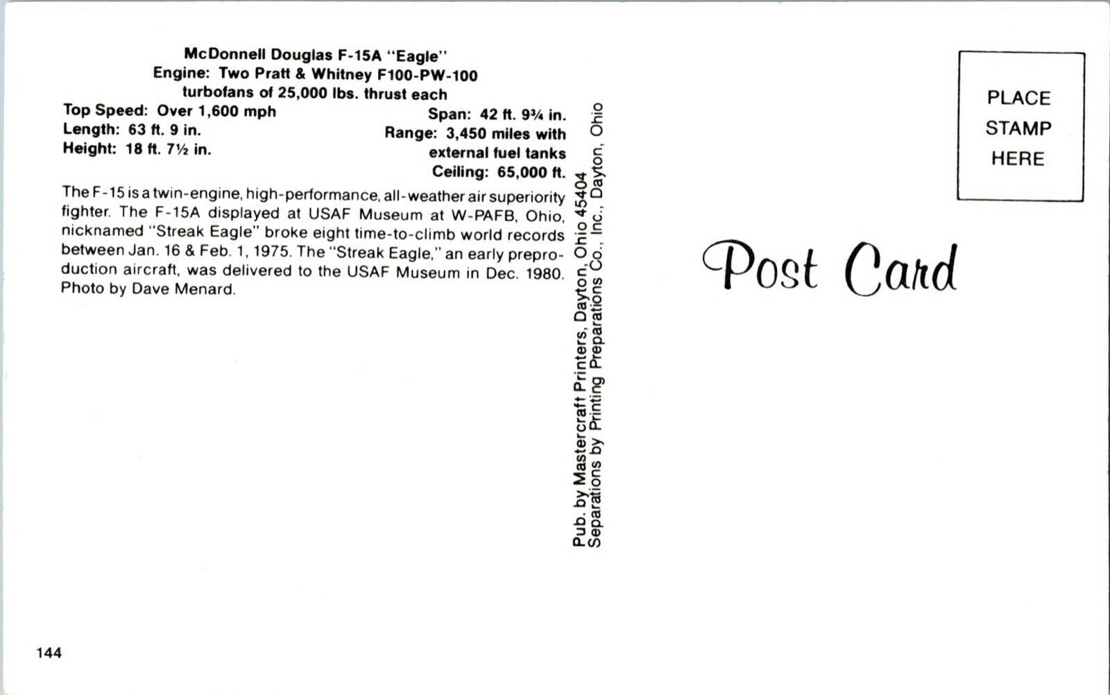 Vintage Aviation Postcard -US Air Force, F-15A Eagle, Cold War era b30 ...