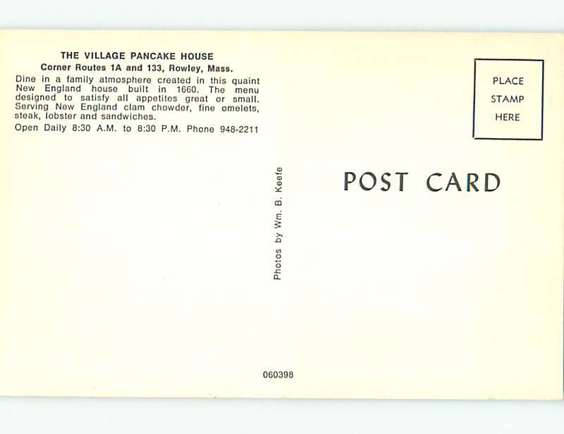 Unused Pre-1980 VILLAGE PANCAKE RESTAURANT Rowley Massachusetts MA ...