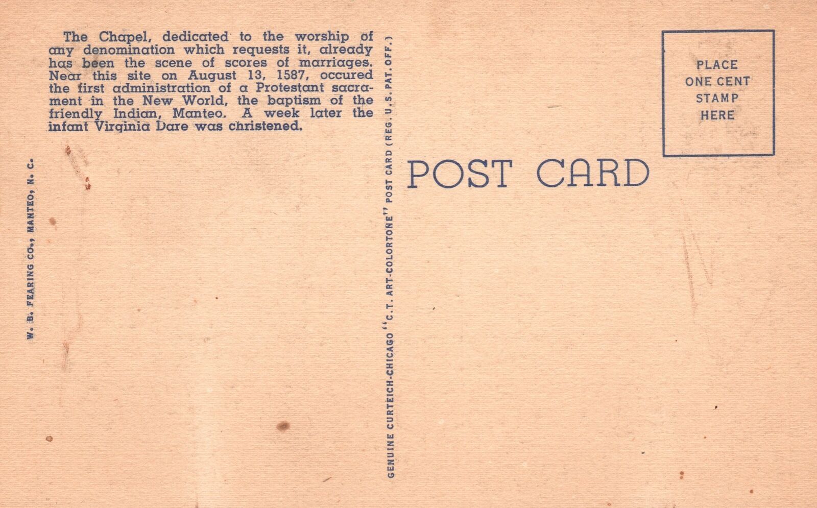 Vintage Postcard 1930's Interior Chapel Restored Fort Raleigh Roanoke ...