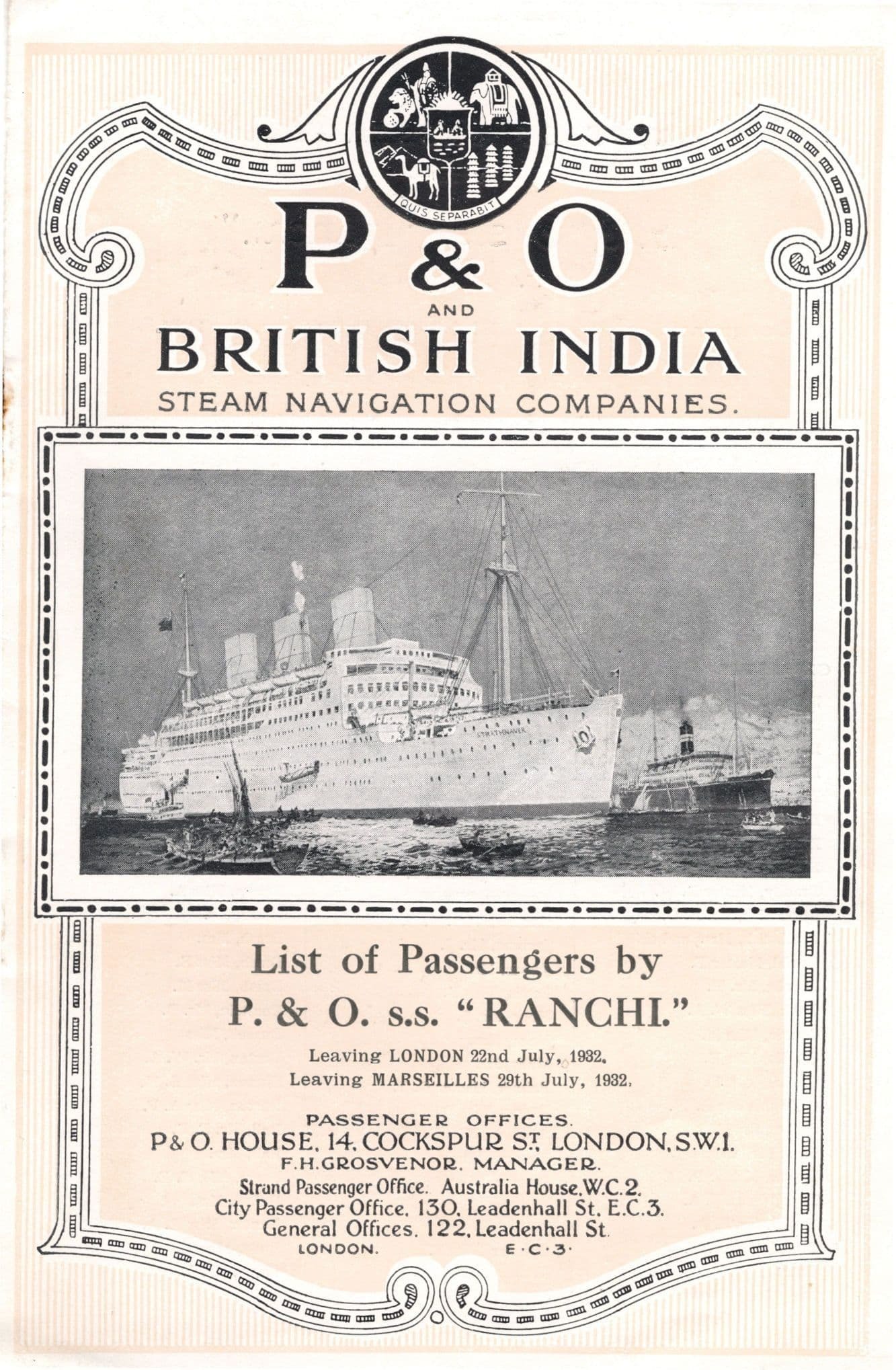 SS Ranchi P&O Indian Ship Antique Passenger List Book -let | Topics ...