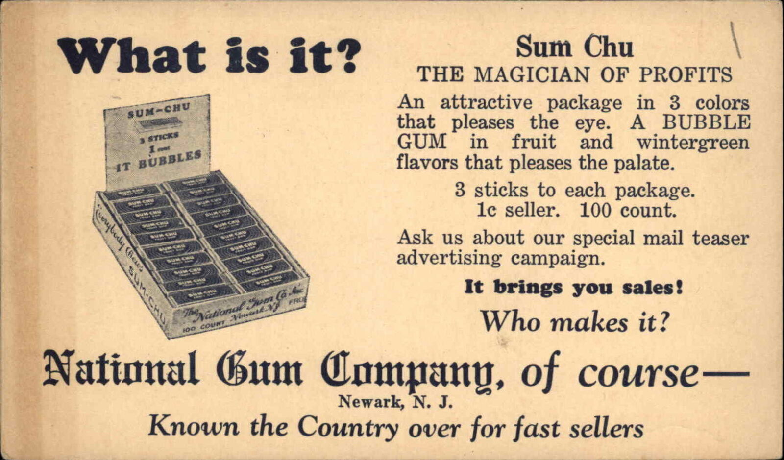 Postal Card NEWARK NEW JERSEY NJ National Gum Company Sum Chu CHEWING ...