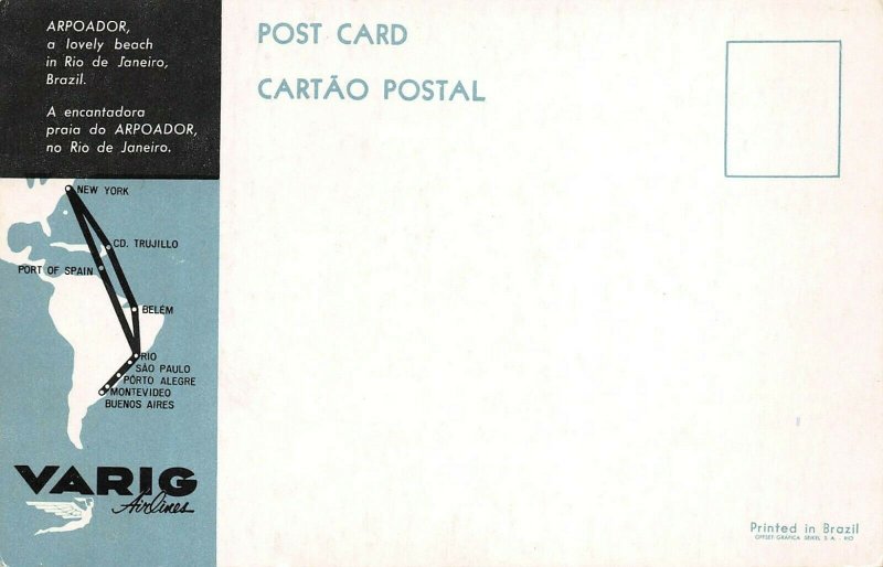 Varig Airlines~Arpoader Beach RIO DE Janiero-Route MAP Postcard ...