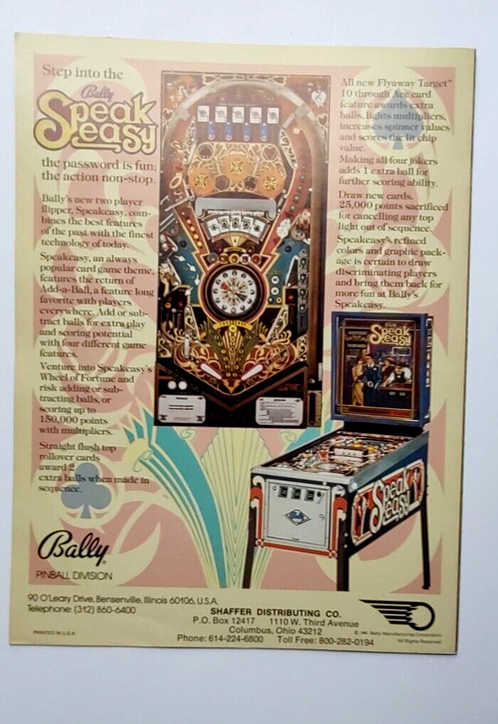 Speakeasy Pinball Flyer Original 1982 Game Art Foldout Brochure Vintage ...