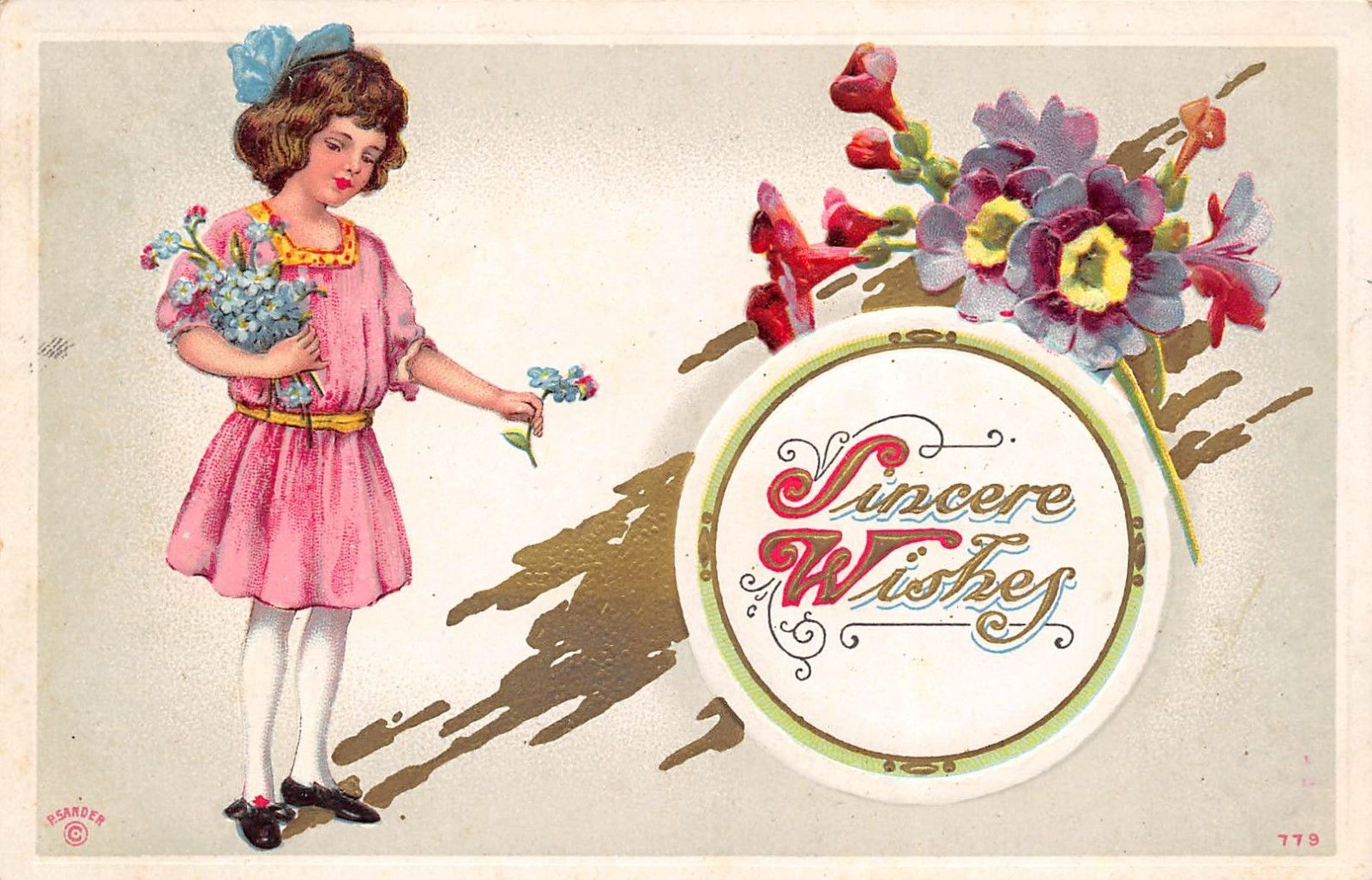 P.Sander Artist Signed Sincere Wishes 1911 Postcard Pretty Girl w ...