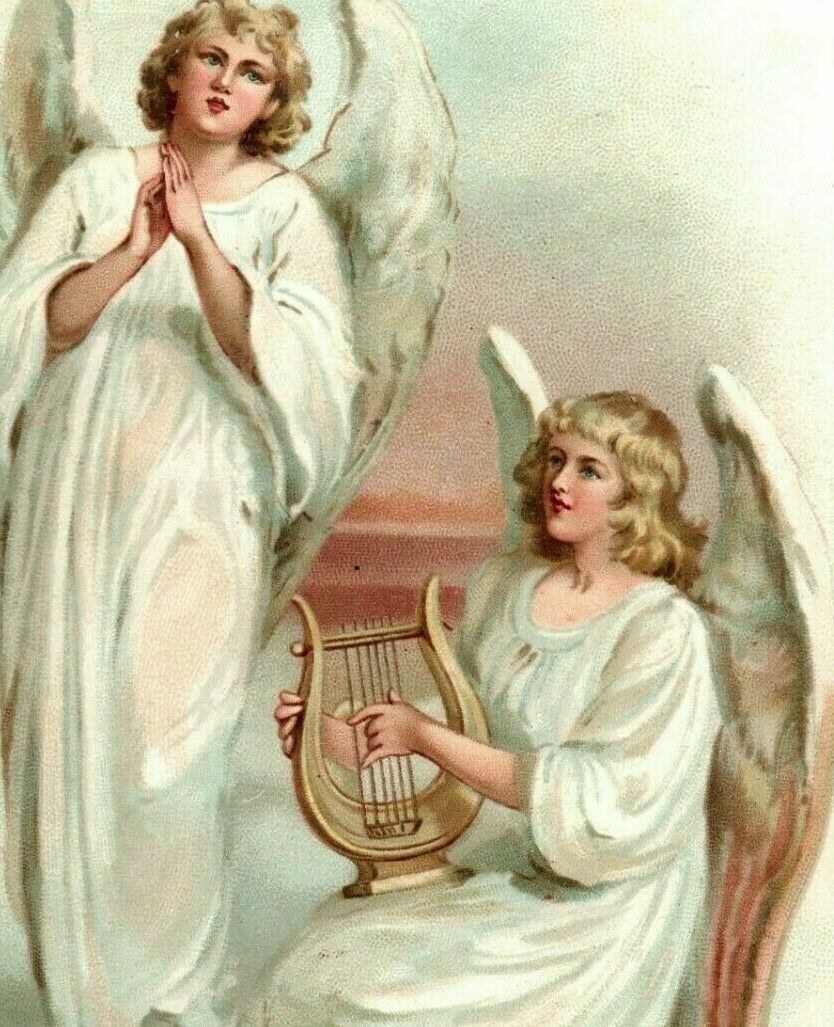 1880's-90's Victorian Card Beautiful Angels Harp White Gowns Fab! 7H ...