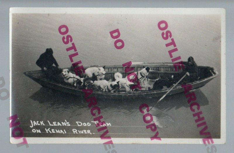 Alaska RPPC c1930 DOG SLED Team In Boat KENAI RIVER Boating JACK LEAN ...