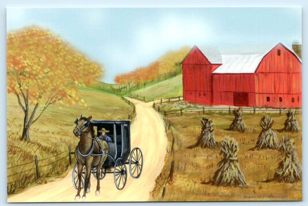 3 Postcards MAHLON TROYER Artist Signed AMISH SCENES Buggies & Harvest ...