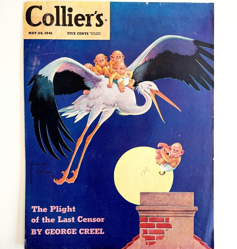 Collier's Baby Monkeys Stork 1941 Lithograph Magazine Cover Antique Art ...