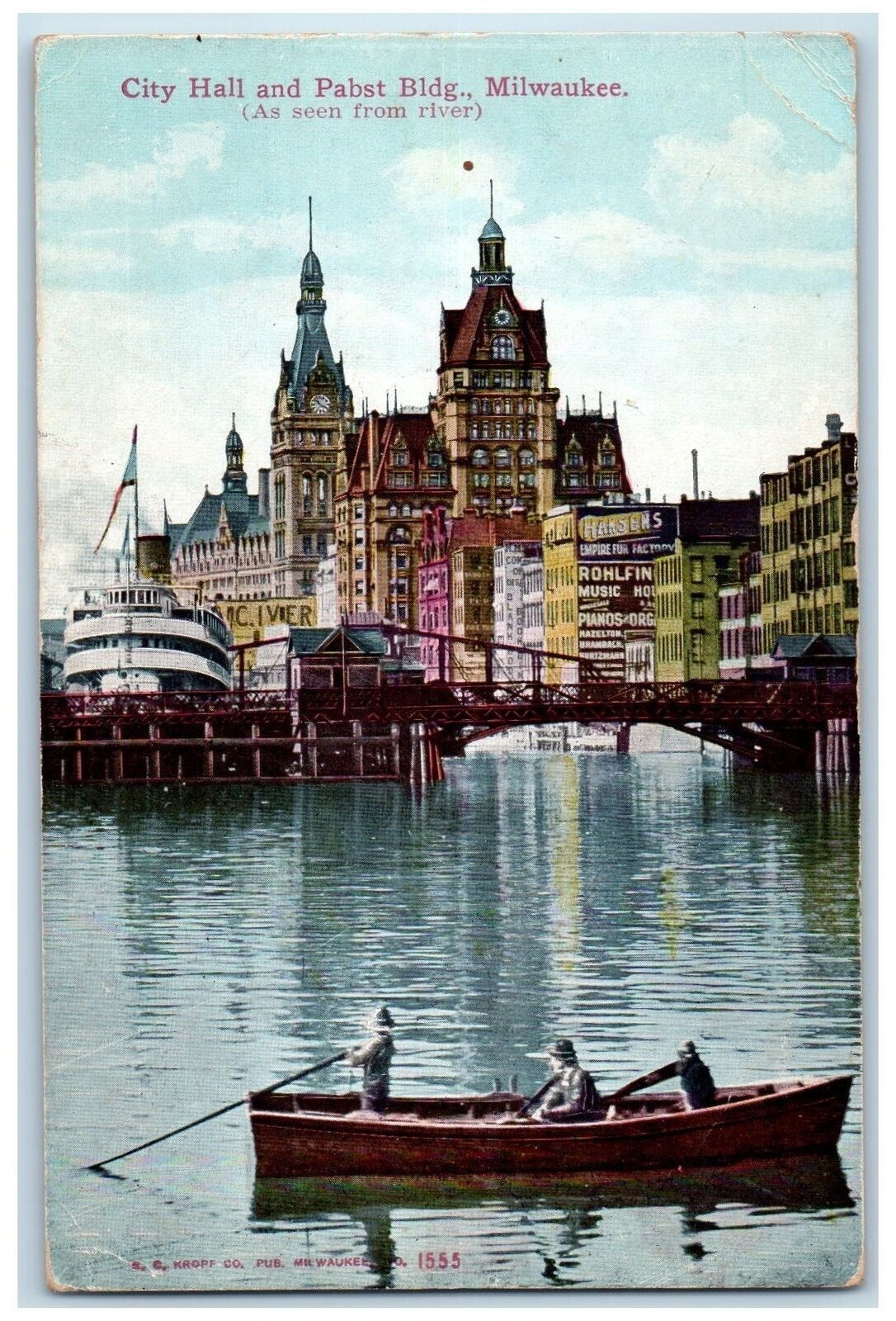1911 City Hall & Pabst Building Boats Paddling Dock Bridge Milwaukee WI ...