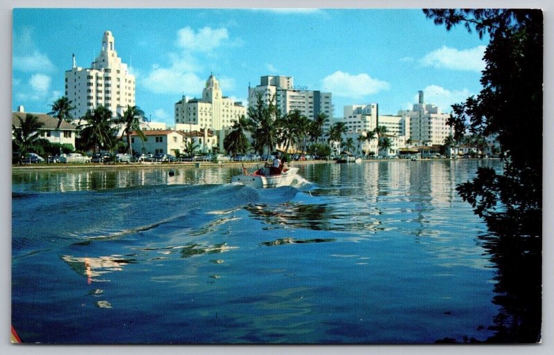 Postcard Hotel Row Miami Beach Florida Boat Reflections Shore FL ...