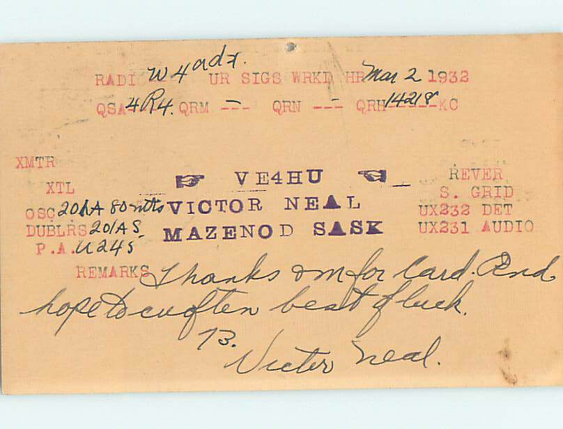 1930s QSL RADIO CARD Mazenod - Near Assiniboia Saskatchewan SK AH3233 ...