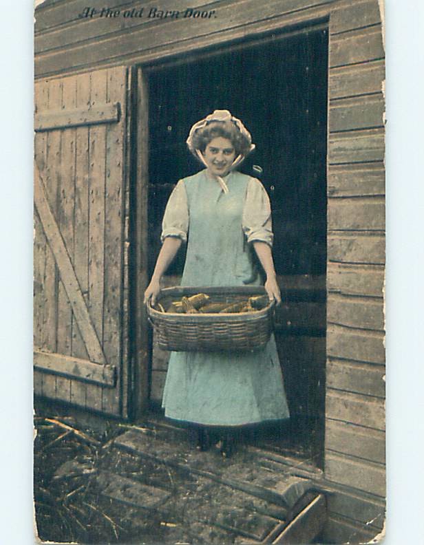 Pre-Linen Farm Girl Holding Wicker Basket at the Barn Door Hl4556 ...