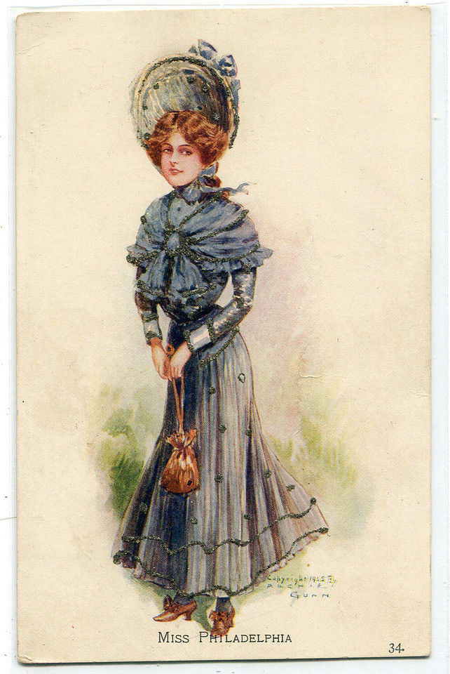 Miss Philadelphia artist signed Archie Gunn 1907c glitter postcard ...