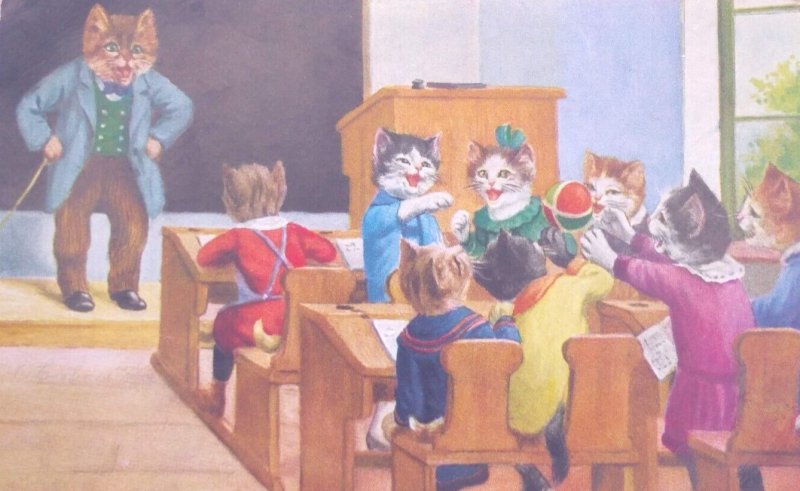 Anthropomorphic Dressed Cats In Class Teacher Angry Vintage Humanized ...