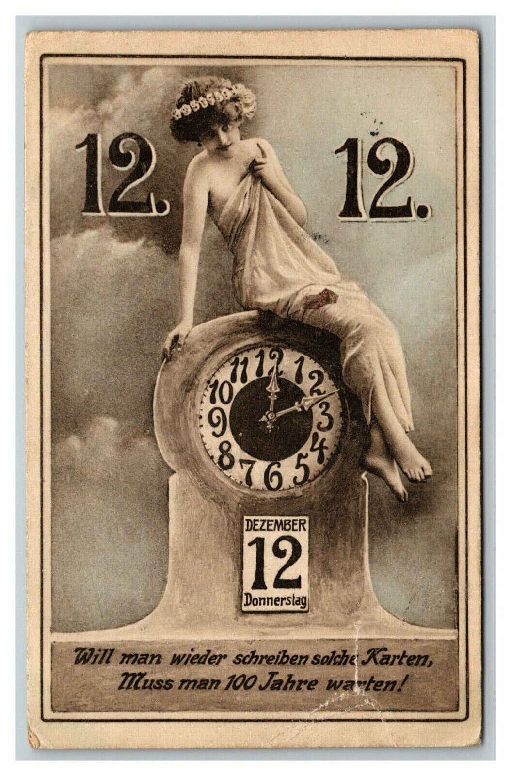 Vintage 1912 Photo New Year's Postcard Girl in Toga on Giant Clock ...