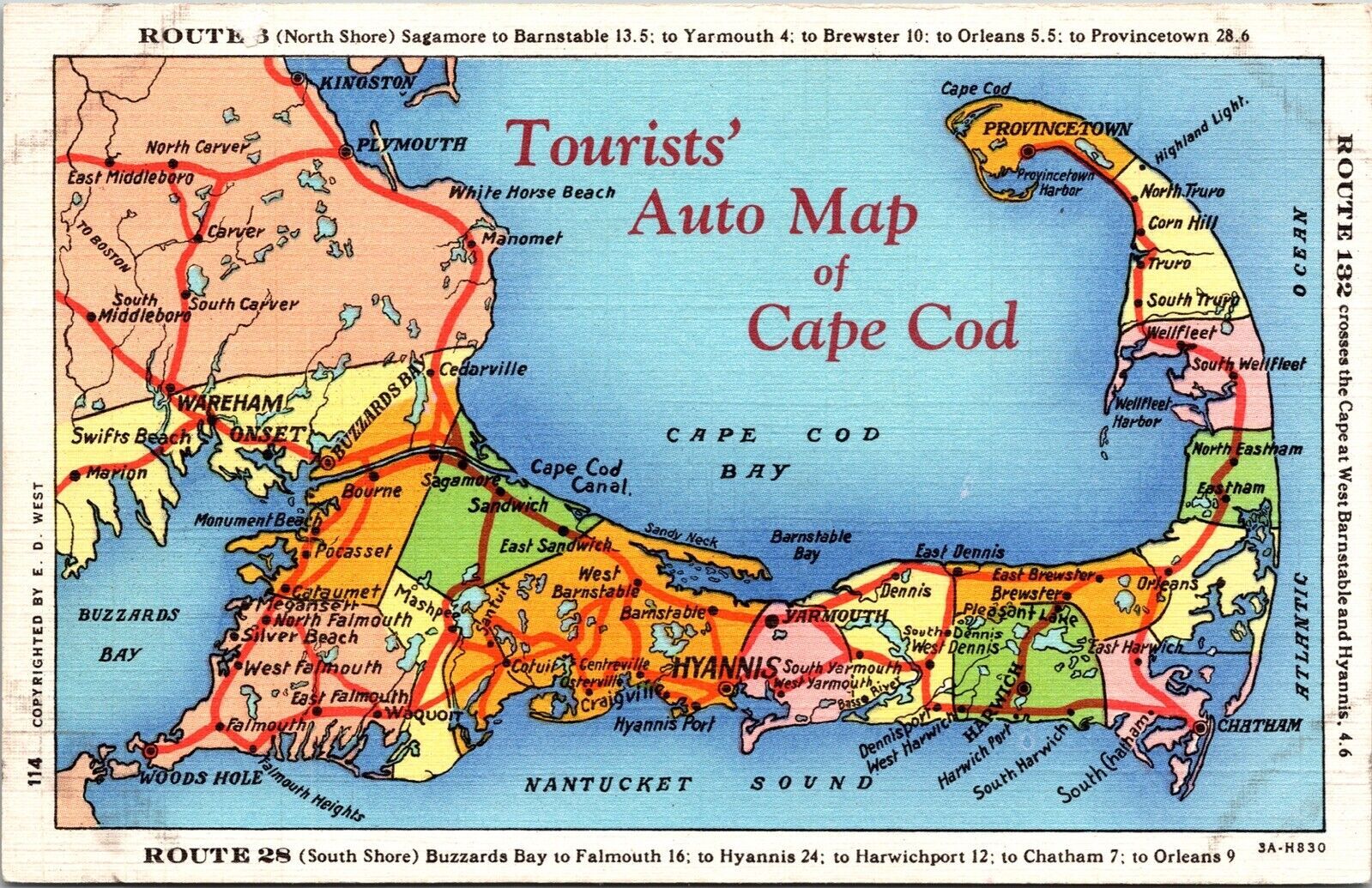 Tourists Auto Map Of Cape Cod Massachusetts New England Linen Postcard ...