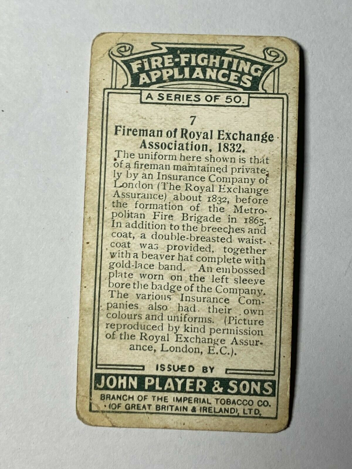 Cigarette Card - Players Fire Fighting #07 Fireman of Royal Exchange ...