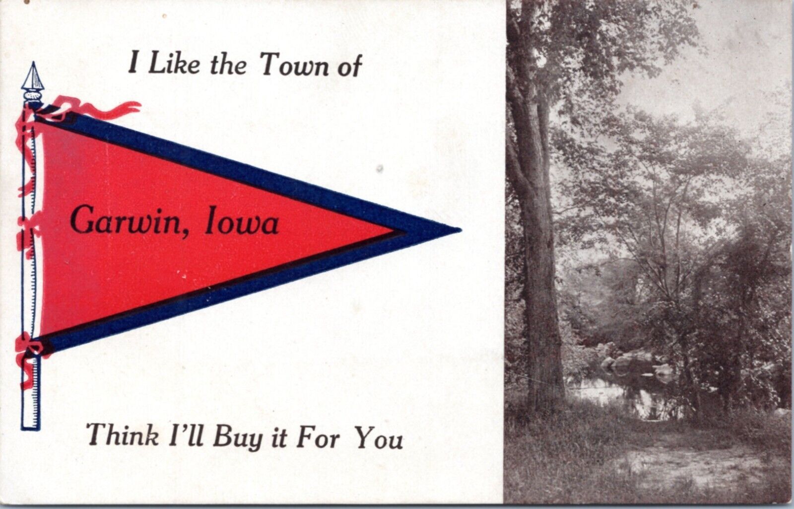 Postcard Pennant IA Garwin - I like the town think I'll buy it for you ...