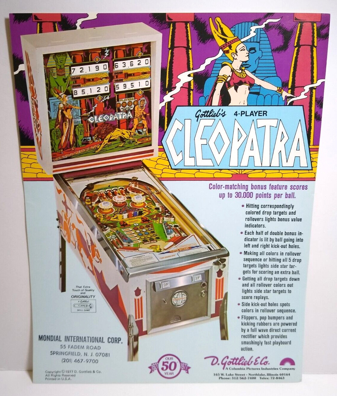 Cleopatra Pinball Machine Flyer Vintage 1977 Game Art 8.5" x 11" Promo ...