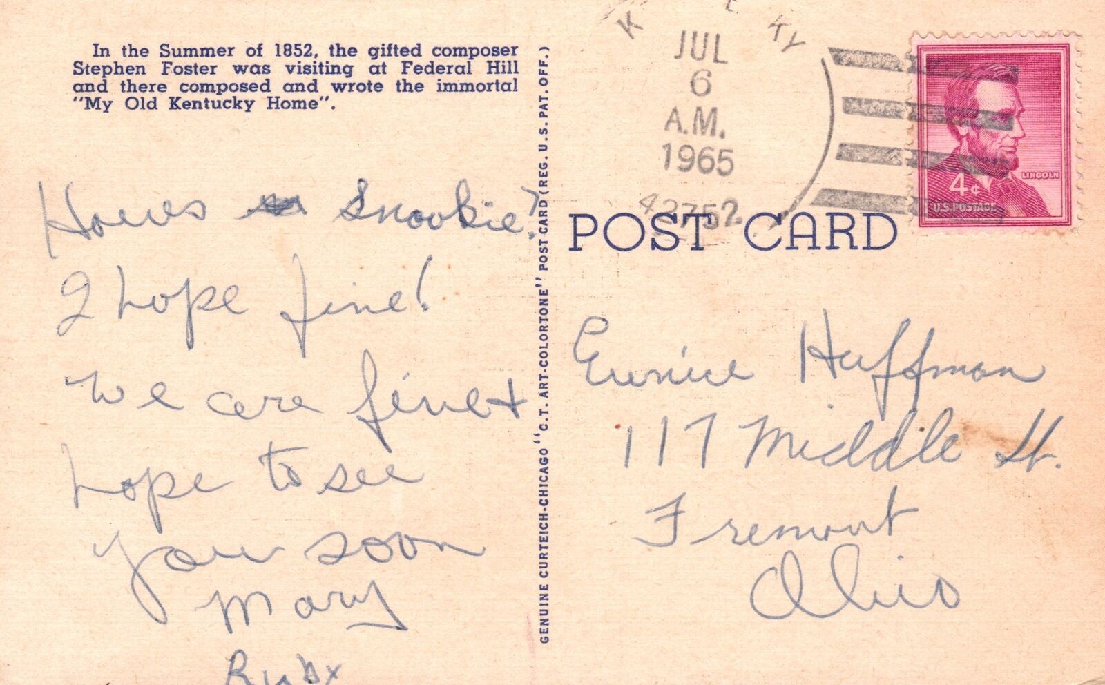 Vintage Postcard 1965 My Old Kentucky Home Log Cabin Floor Stephen ...