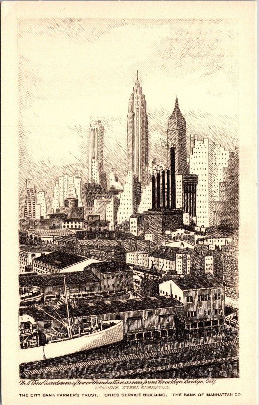 Vintage Postcard Litho-Engraved (Raised Font) Manhattan Skyline 1920s ...