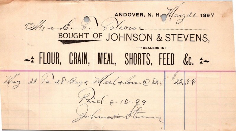 1899 Johnson Stevens Flour Grain Meal Shorts Feed 4.75 Billhead Andover ...