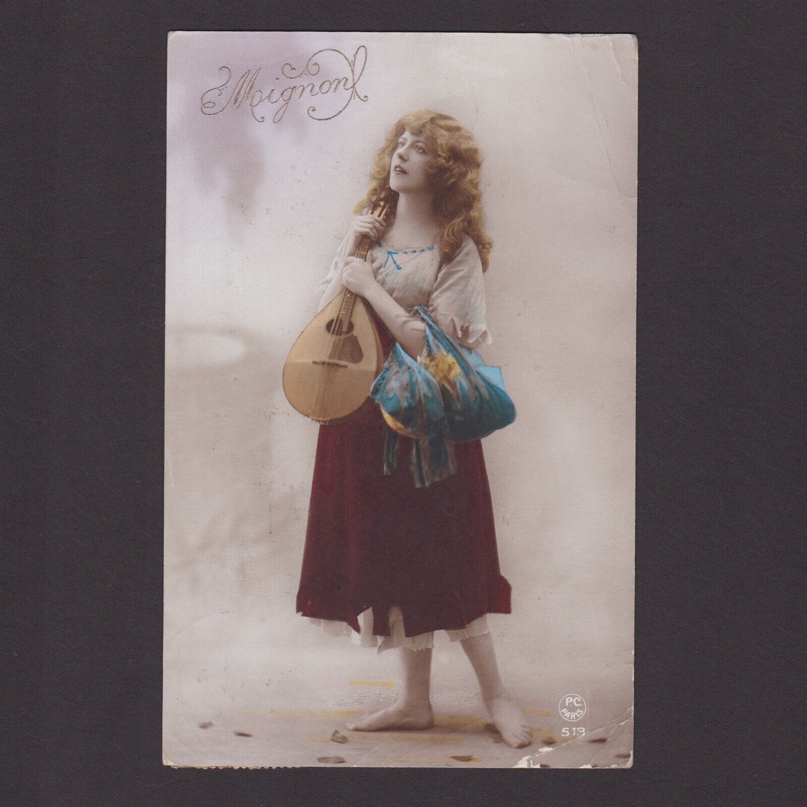 Vintage postcard, Mignon, A young girl with a guitar, Posted in 1921 ...