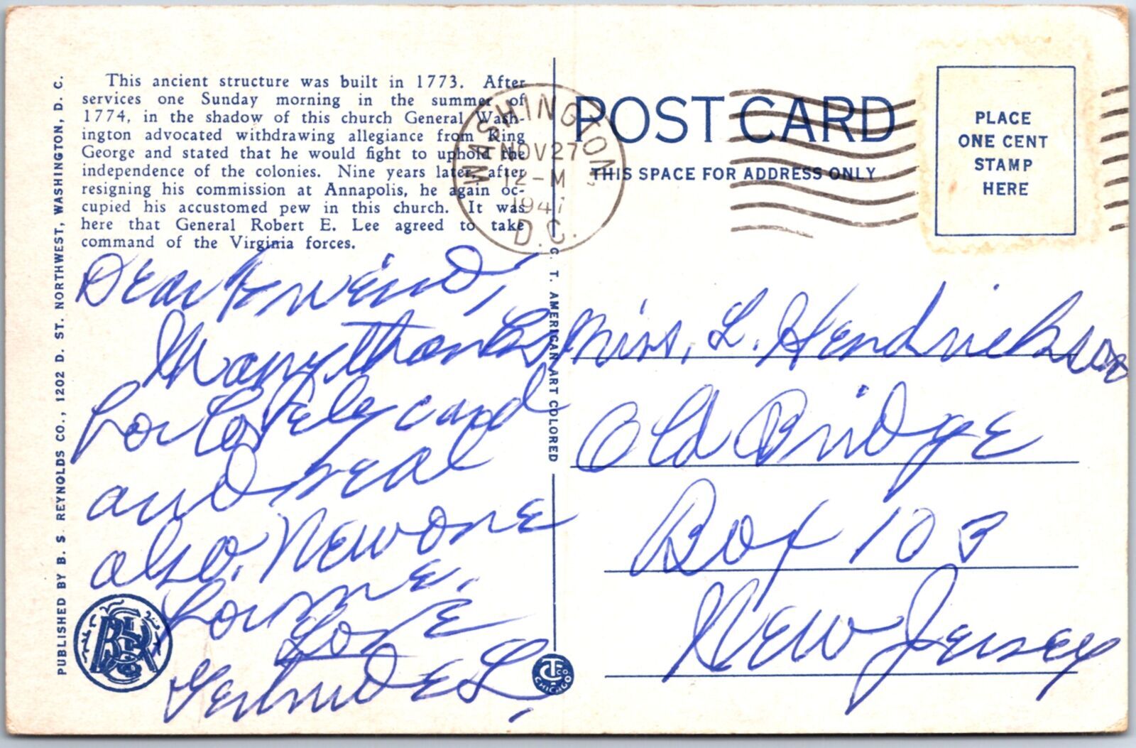 Vintage Postcard Interior View of Christ Church at Alexandria Virginia ...