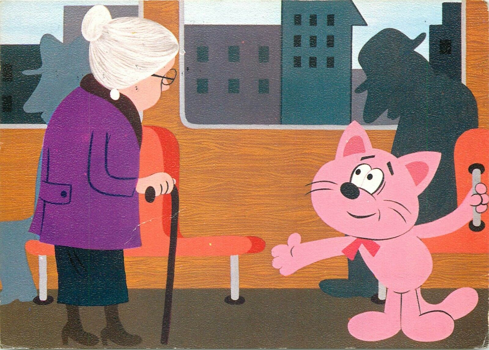 Hungary educational cartoon postcard old lady transport gentile cat ...