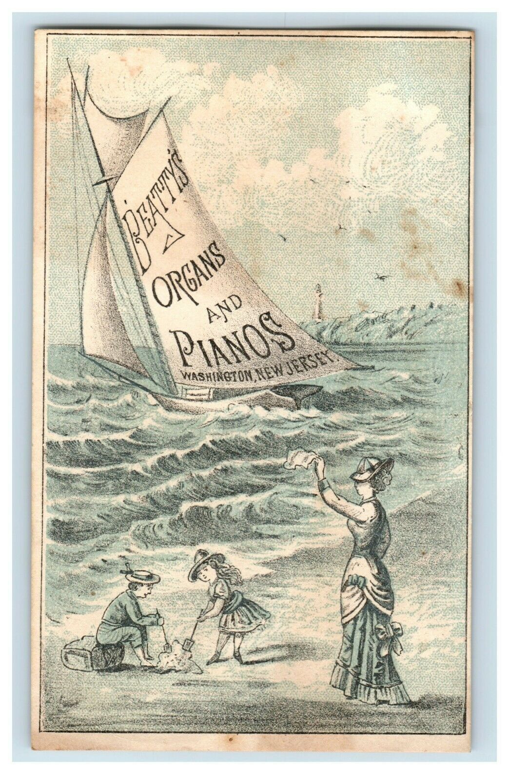 1880's Beach Scene Sailboat Beatty's Organs & Pianos Victorian Trade ...