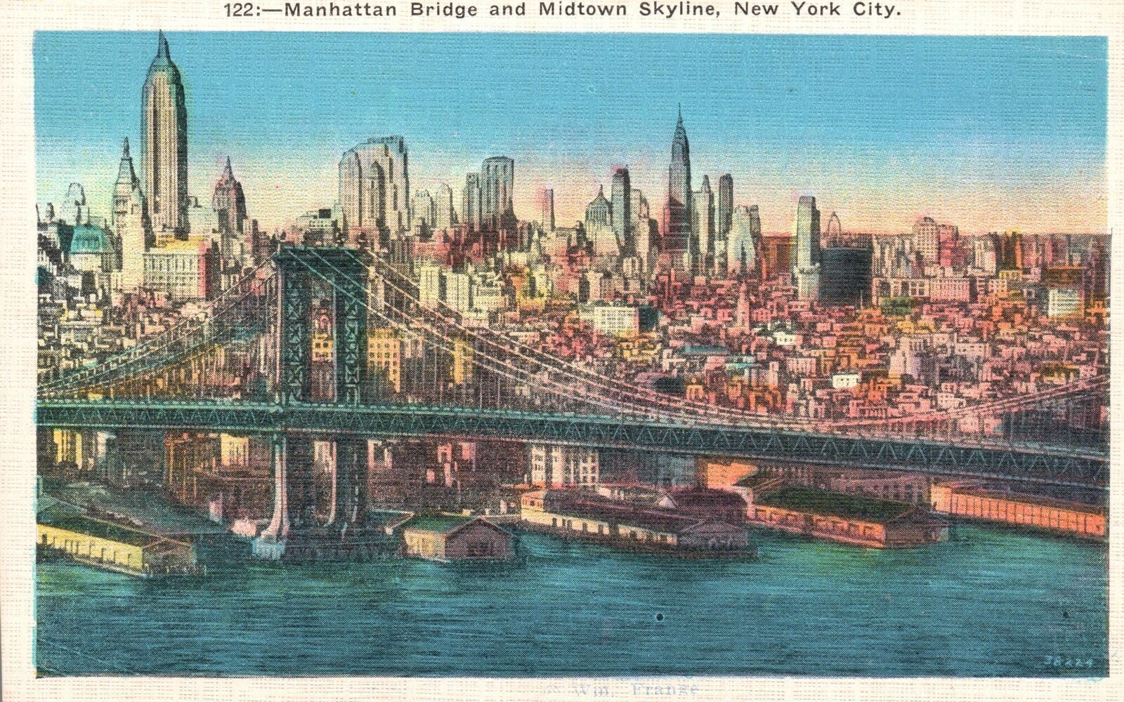 Vintage Postcard Manhattan Suspension Bridge And Midtown Skyline New ...