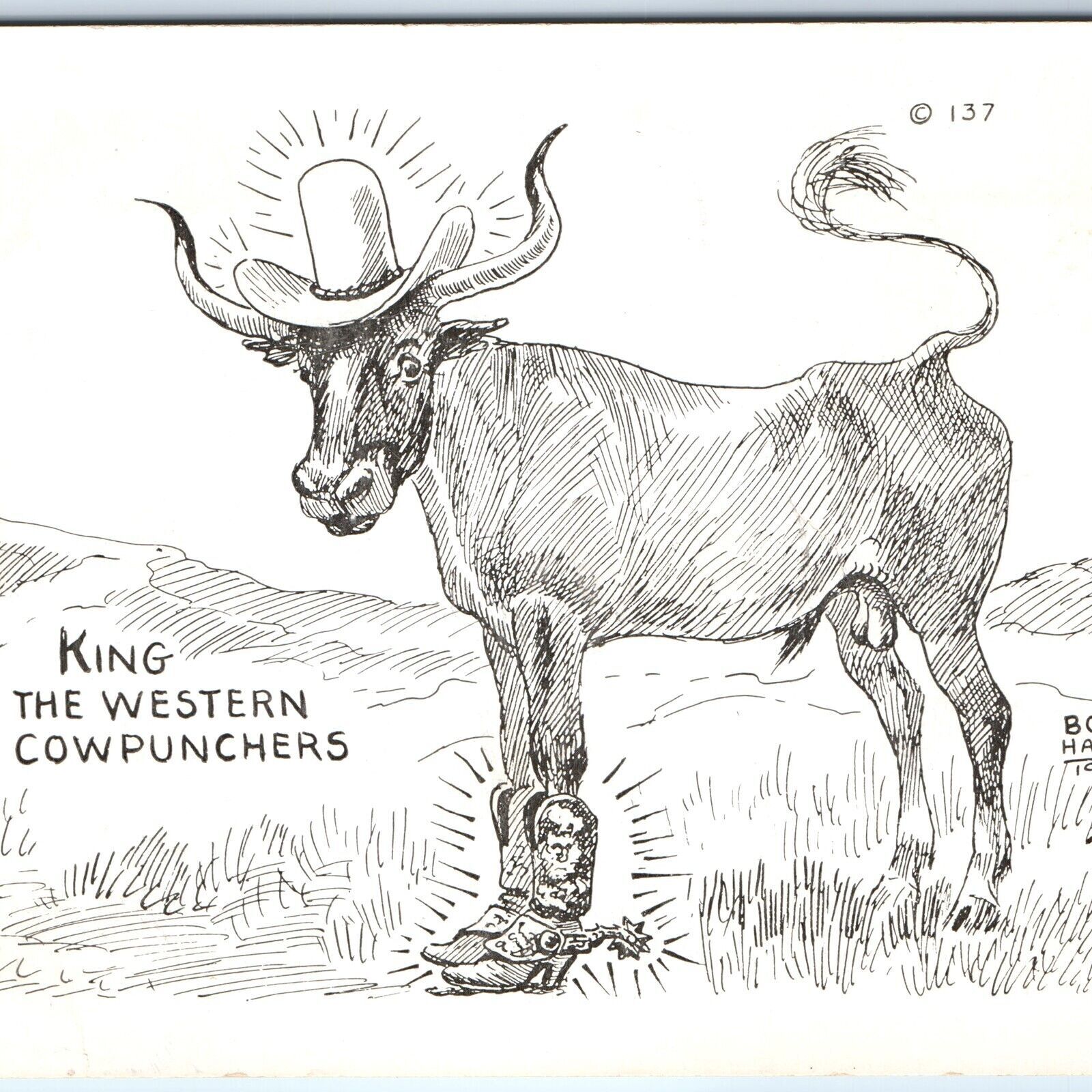 1950 Bob Hall Art Drawing Postcard Anthropomorphic Cow King Cowpunchers ...