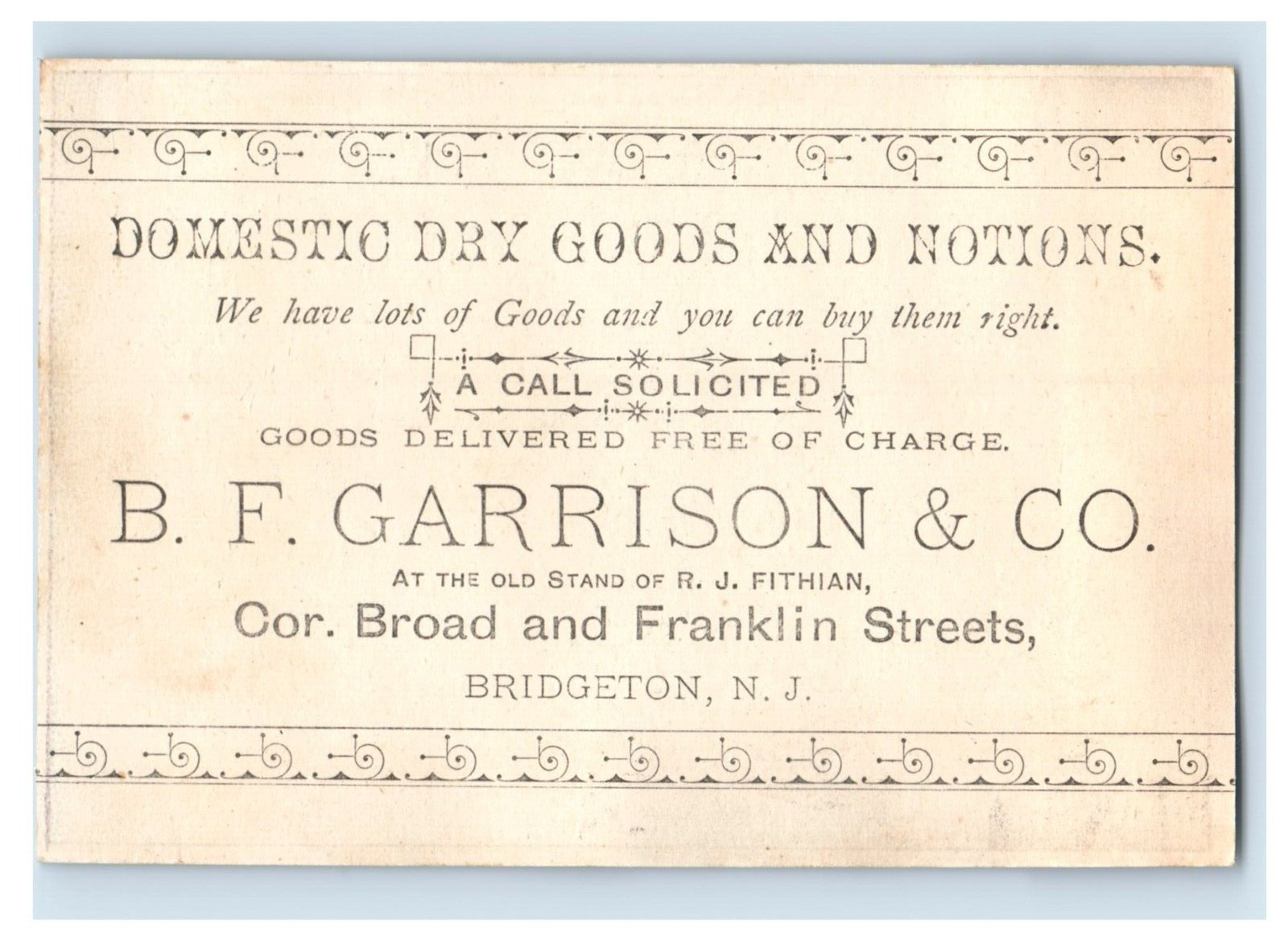 1880s B.F. Garrison & Co. Dry Goods & Notions Seashore Girl Net F118 ...