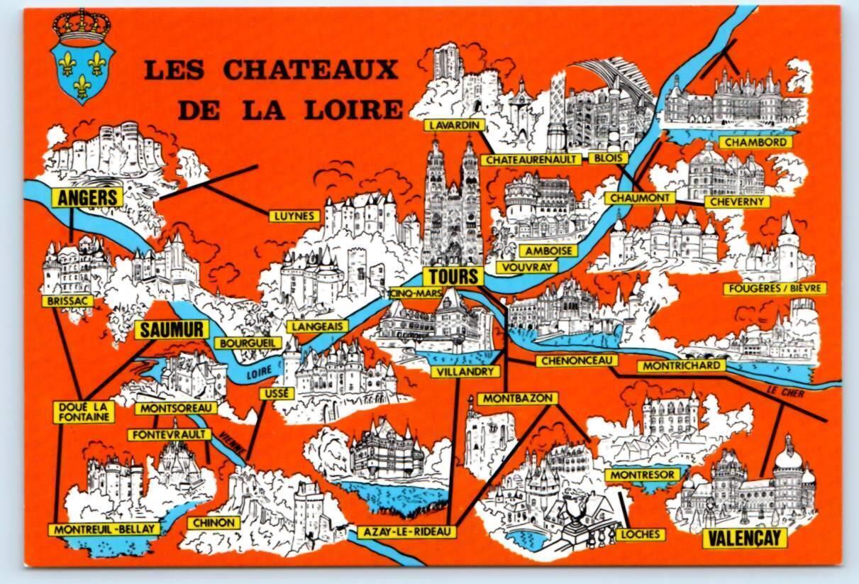 2 Postcards Illustrated Map LES CHATEAUX de la LOIRE, France ~ CASTLES ...