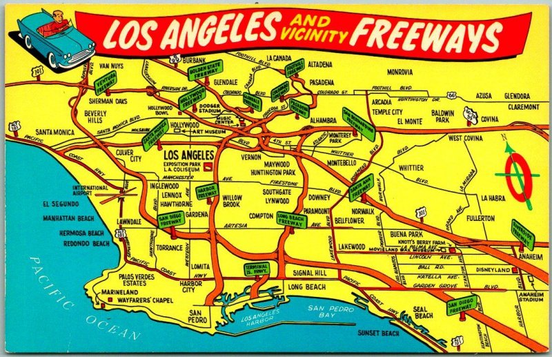 1950s California Postcard "Los Angeles and Vicinity FREEWAYS" Highway ...
