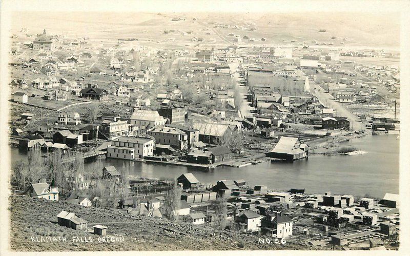 c1912 Klamath Falls Oregon Birdseye Town Waterfront View RPPC Underwood ...