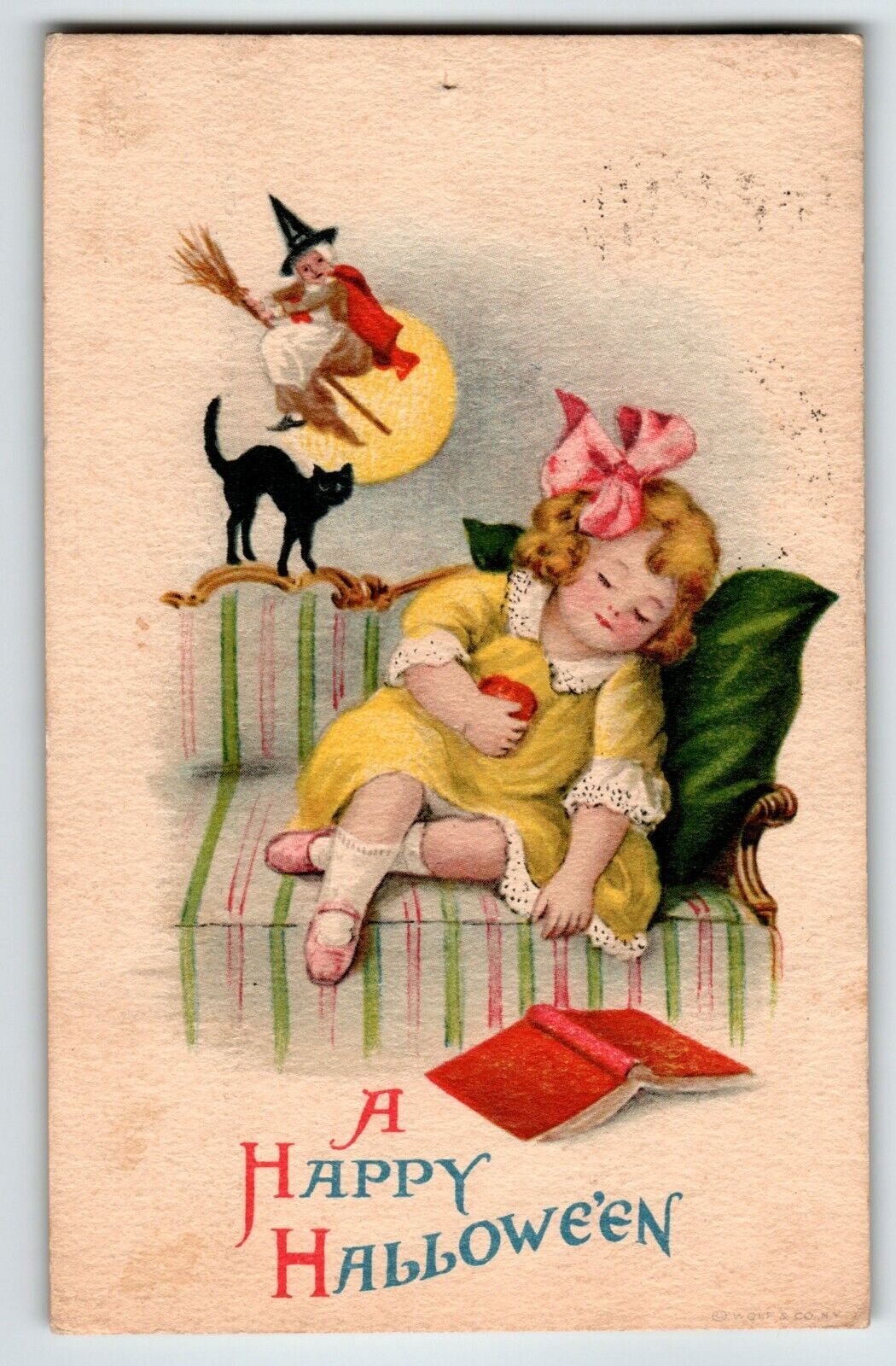 Halloween Postcard Ellen Clapsaddle Girl Witch Moon Black Cat Wolf ...