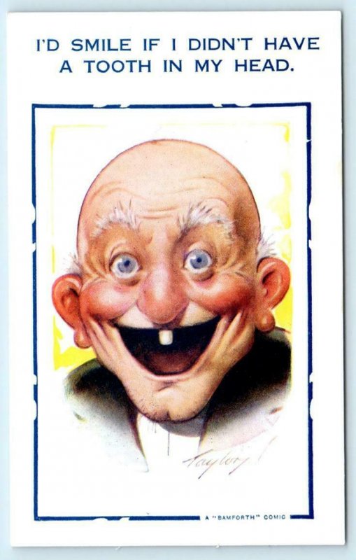 2 Bamforth Postcards COMICS Artist A. Taylor DRINKING & Toothless Smile ...