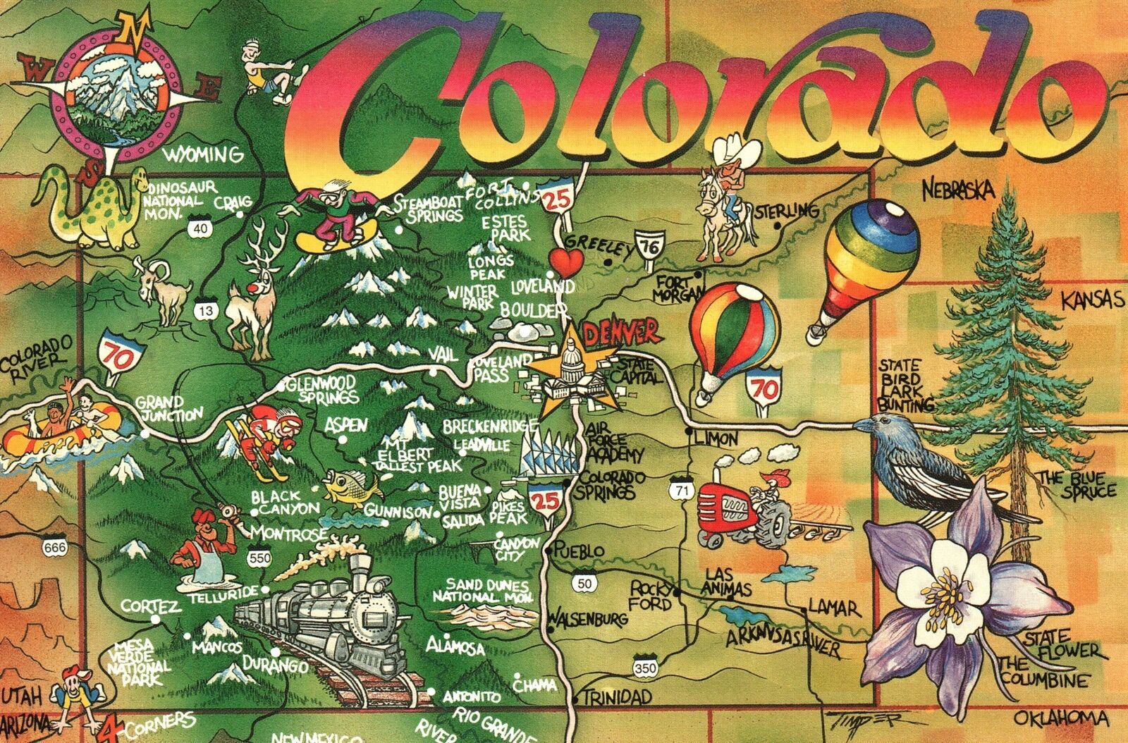 Vintage Postcard Illustration By Phil Timper State Symbols Landmarks ...