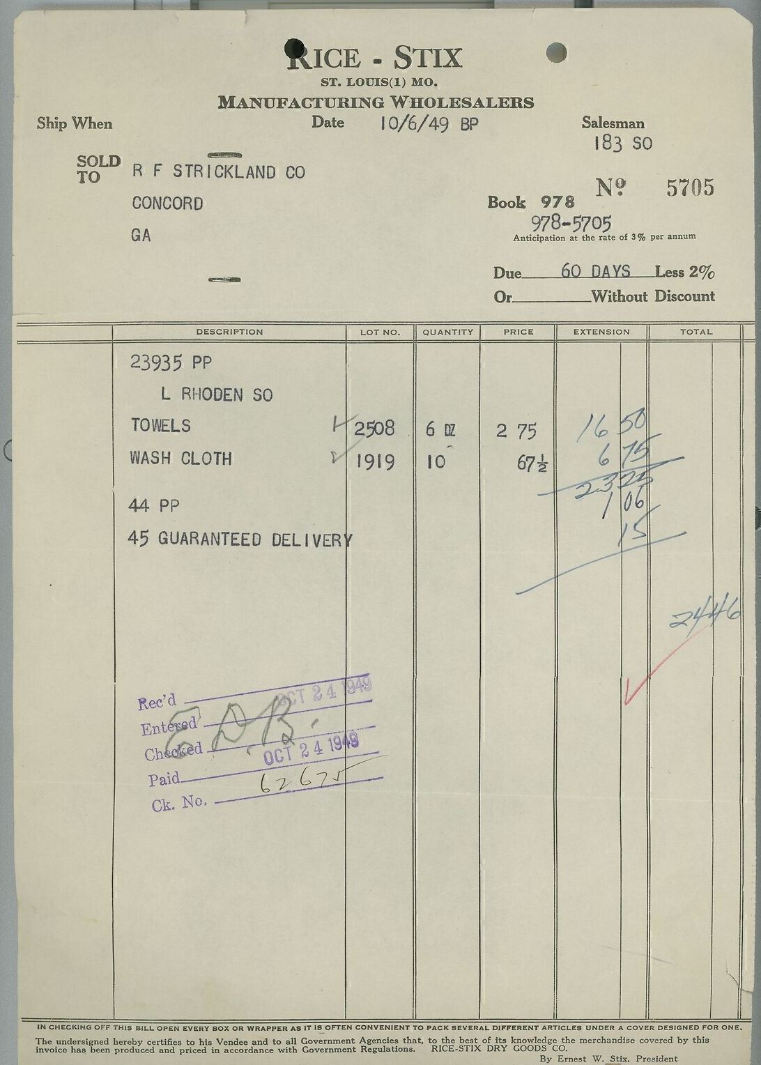 1949 Rice Stix St. Louis Mo. Manufacturing Wholesalers Towels More ...