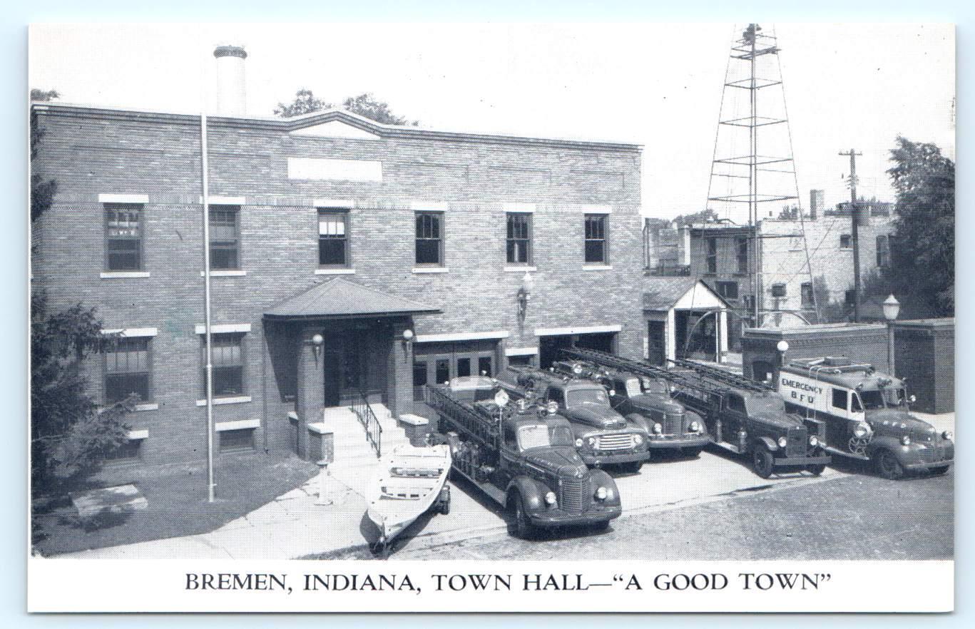 BREMEN, Indiana IN ~ Town Hall FIRE DEPARTMENT Fire Trucks c1950s ...