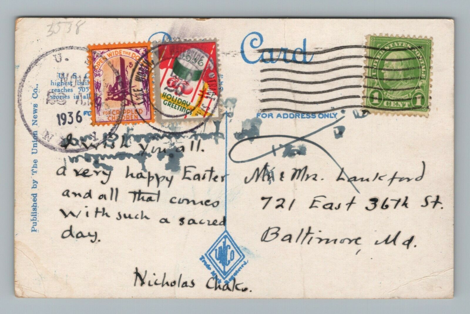 1936 US Navy Mail Cripple Children Stamp Holiday Greeting WB Vintage ...