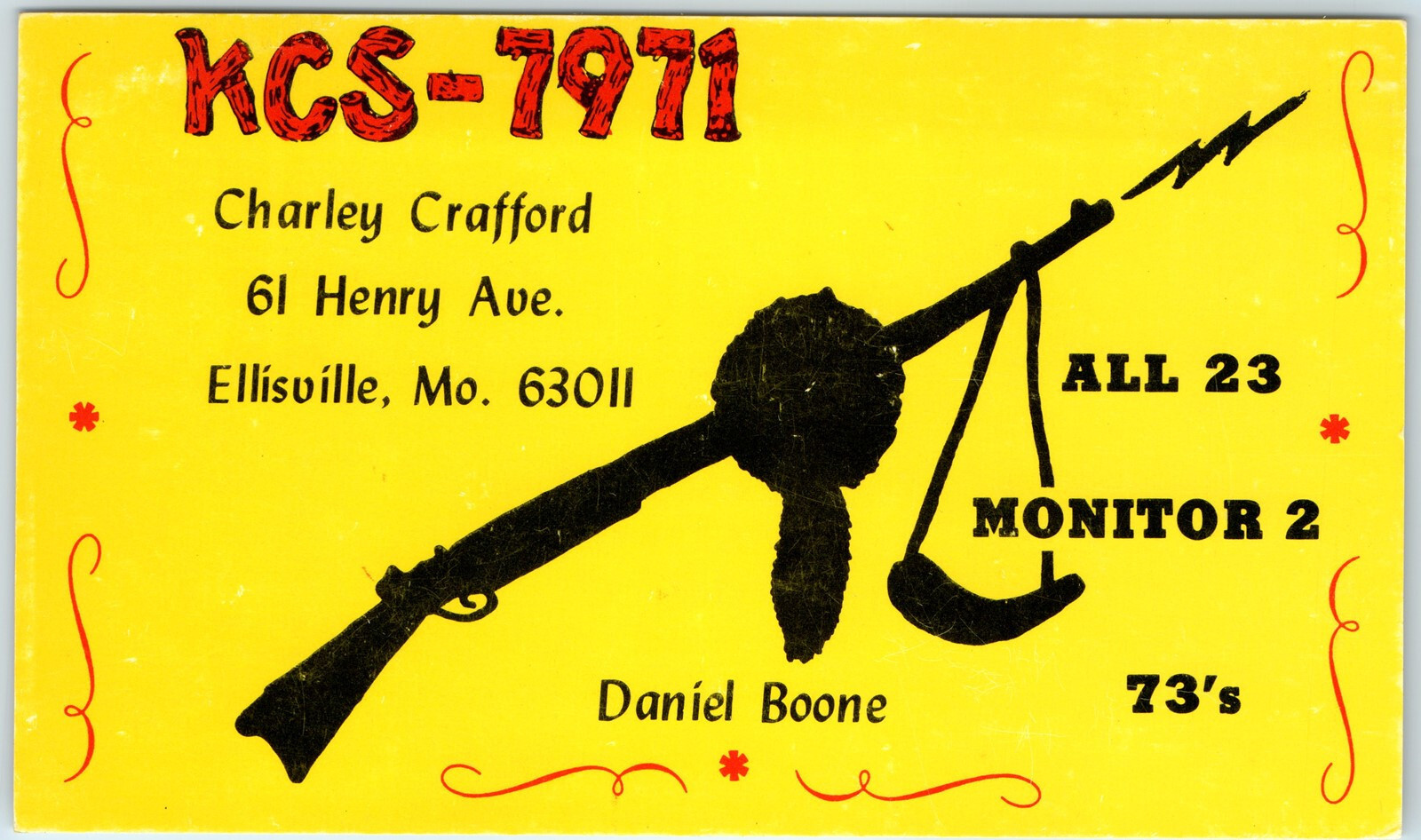 c1970s Ellisville MO Rifle Compass Art QSL Radio Card Crafford Monitor ...