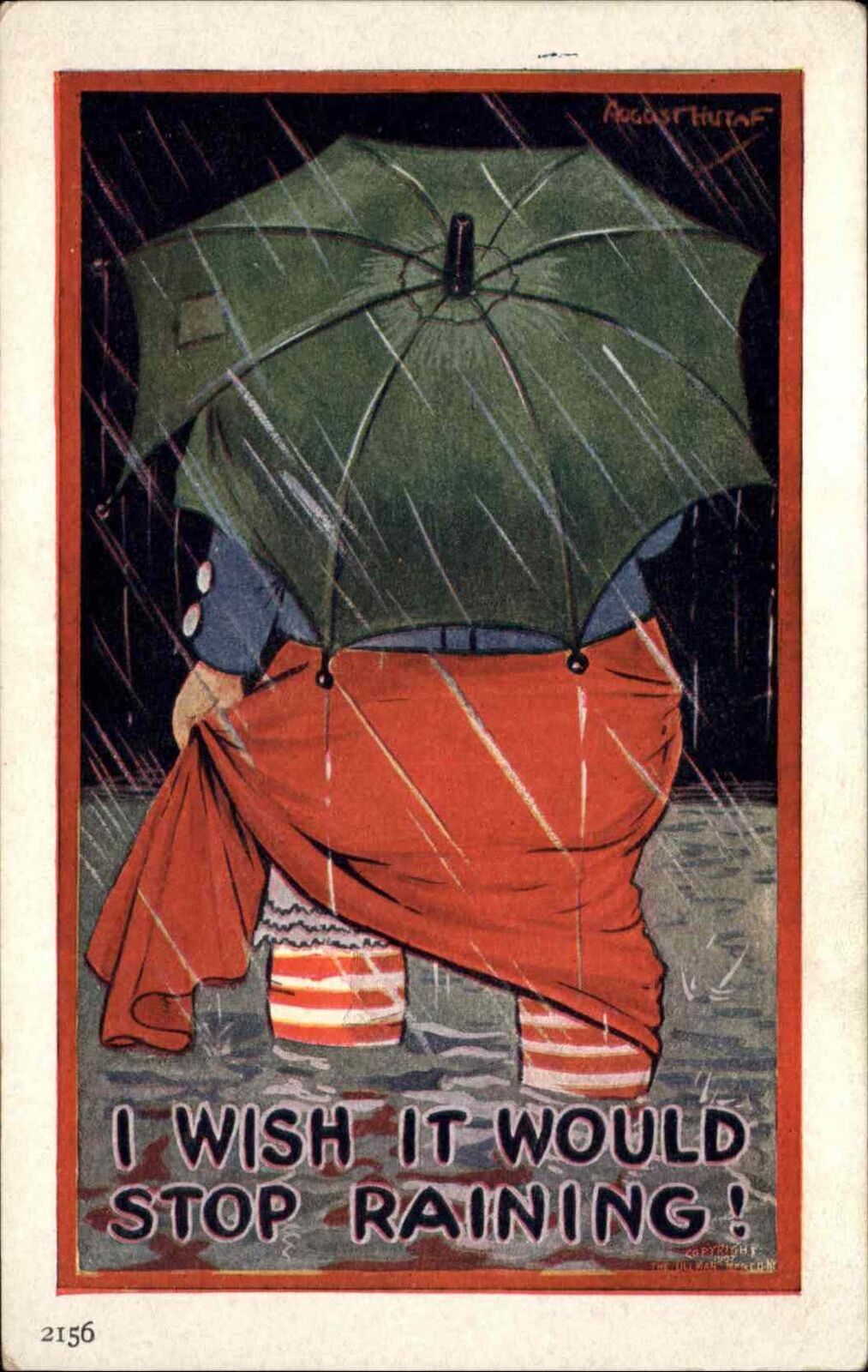 August Hutaf Fat Woman in Rain Under Umbrella c1910 Vintage Postcard ...