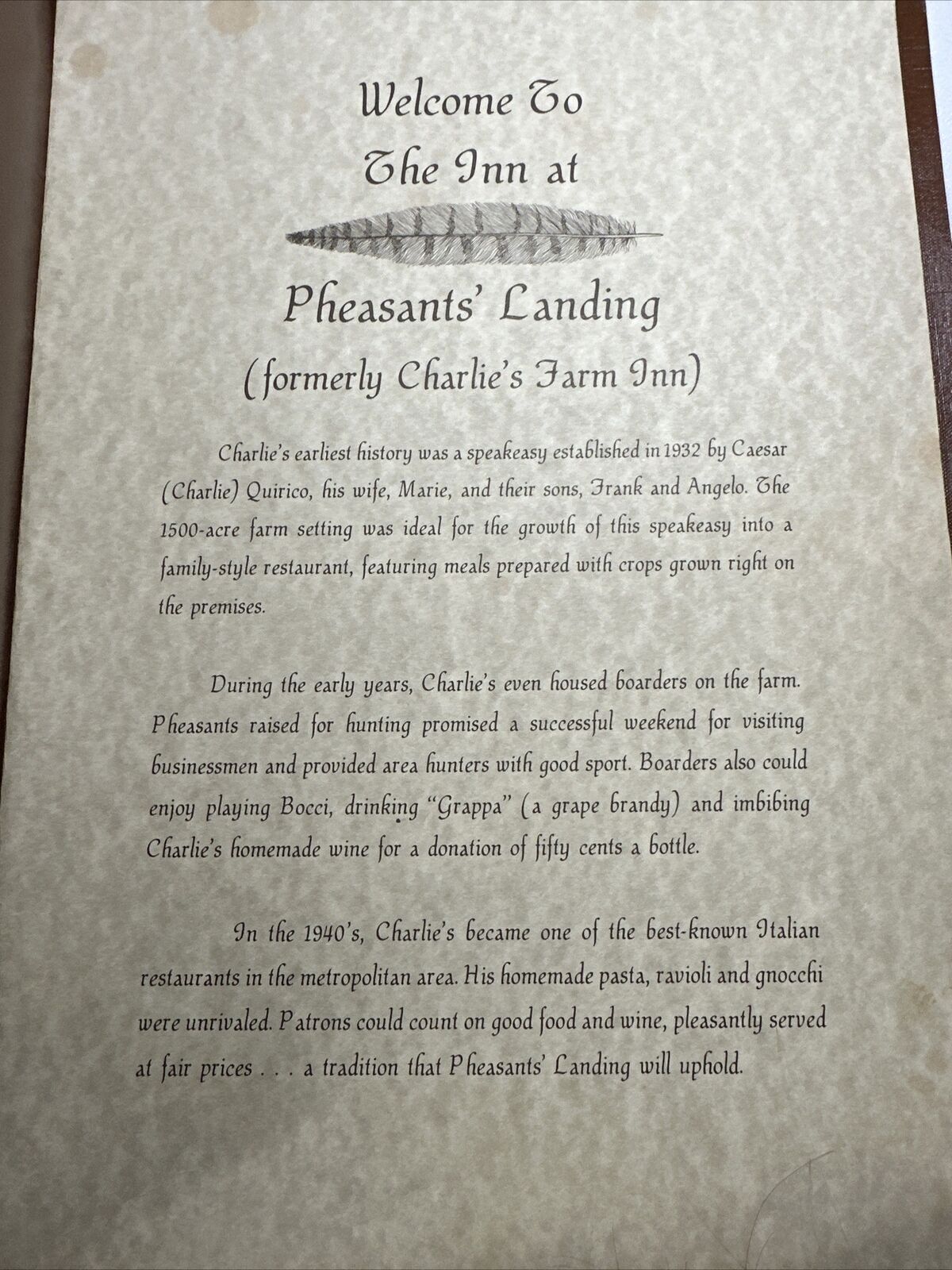 Vintage Pheasants Landing aka Charlie's Farm Inn Menu Hillsborough NJ ...