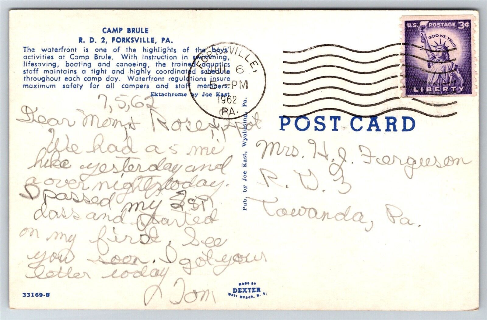 Camp Brule Boys Camp Lake Dock Forksville PA C1960s Postcard AA10 ...